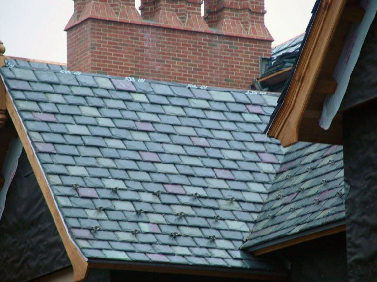 Gray, Green, and Purple Slate Blend on Tudor Style Home - Vermont Slate ...
